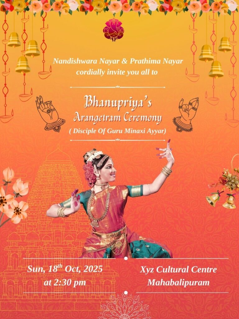 Arangetram Invitation with Photo of Dancer and Hand Gestures - Good Invites
