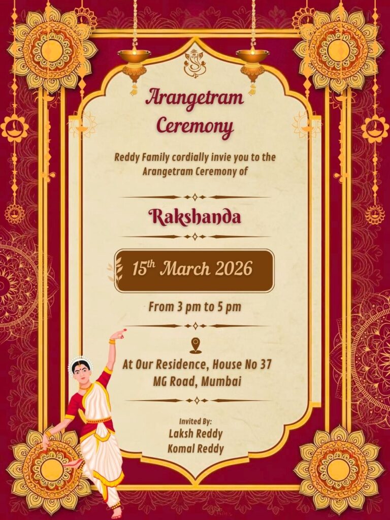 Arangetram Invitation with Photo of Dancer and Hand Gestures - Good Invites