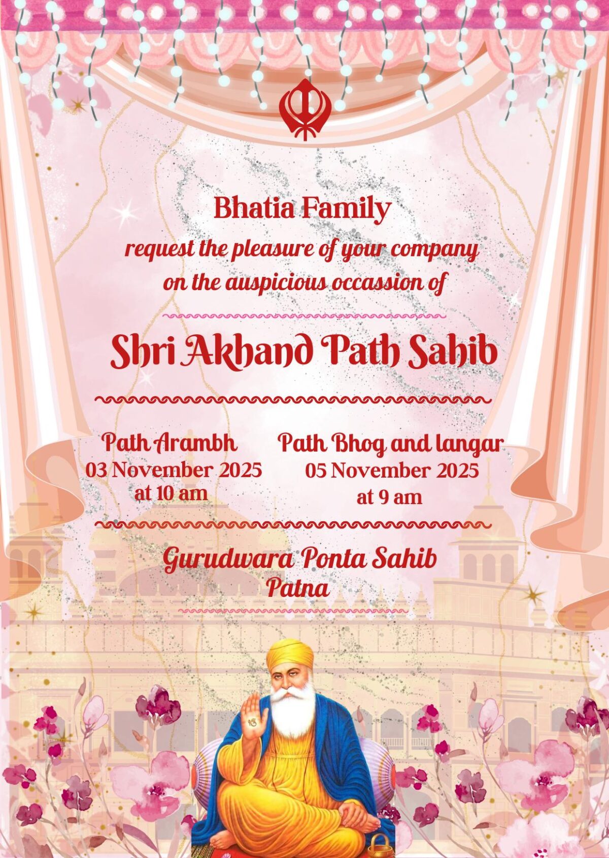 Sri Akhand Path Sahib Invitation with Guru Nanak Dev and Gurudwara ...